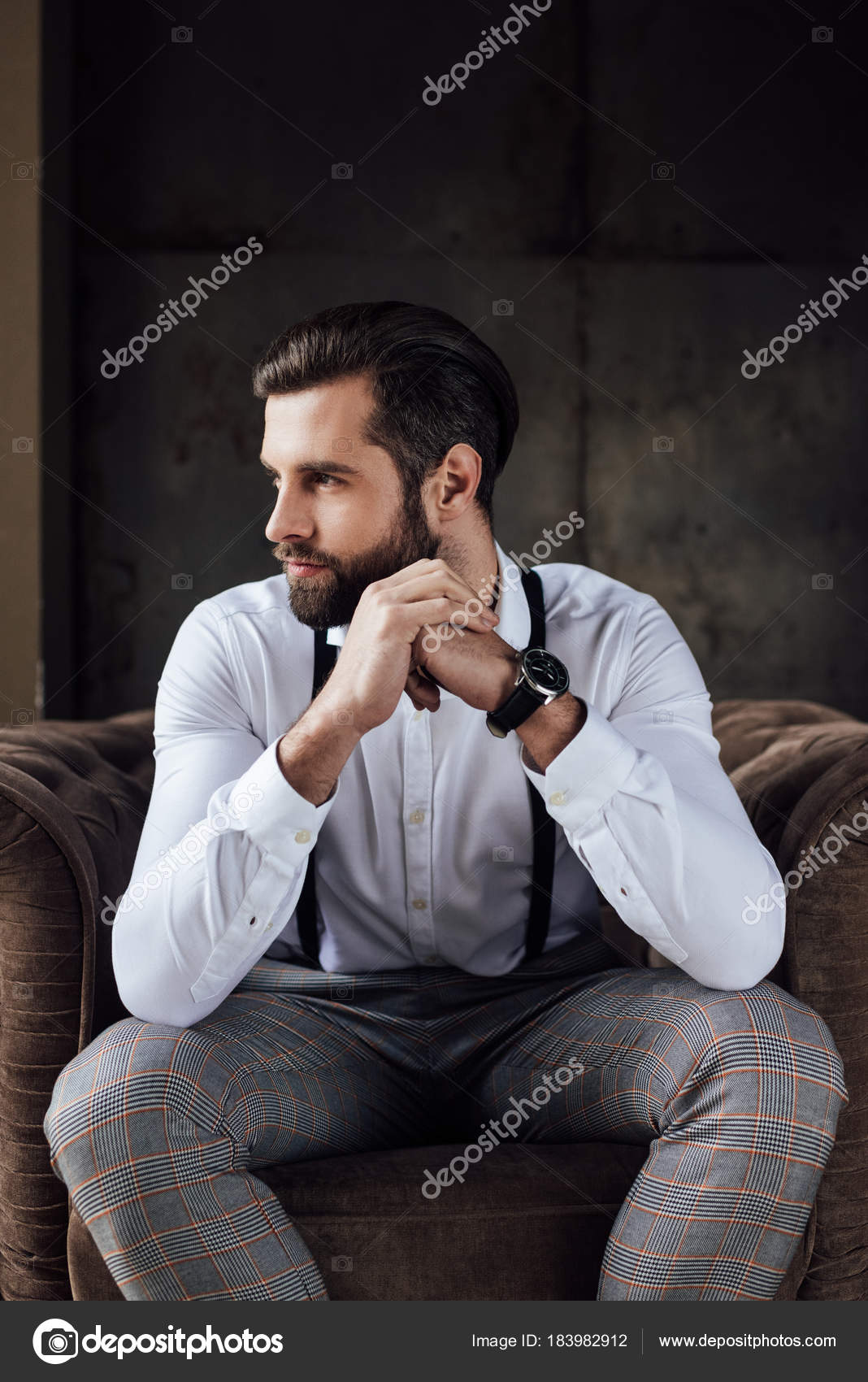 Handsome Stylish Thoughtful Man Sitting Armchair Stock Photo by ...