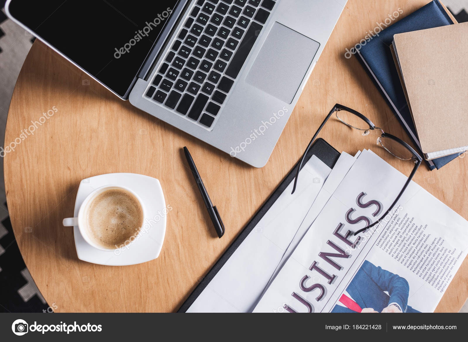 Top View Business Workplace Laptop Newspaper — Stock Photo ...
