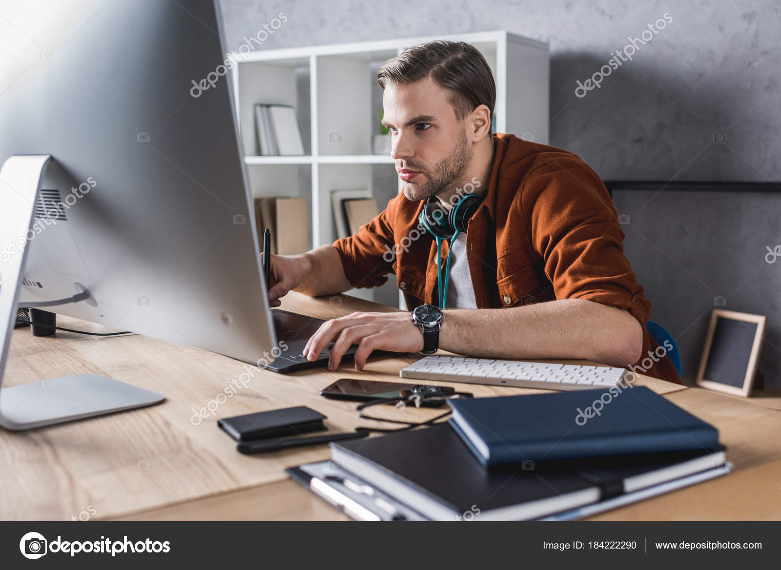 Handsome Young Man Working Computer Modern Office — Stock Photo ...