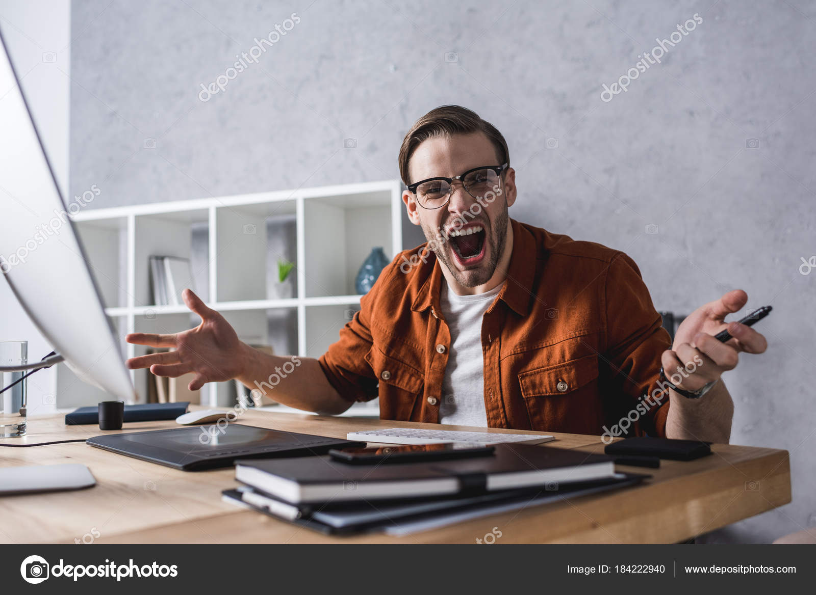 Angry Designer Sitting Workplace Screaming Camera — Stock Photo ...