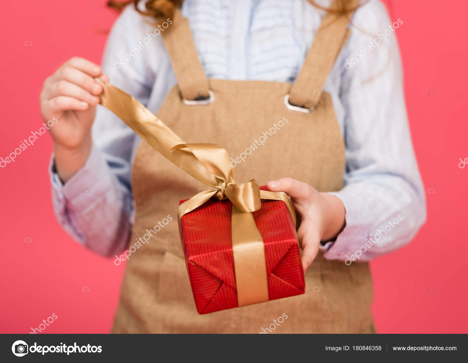 Cropped Shot Kid Wrapped Present Hands Isolated Pink Stock Photo by ...