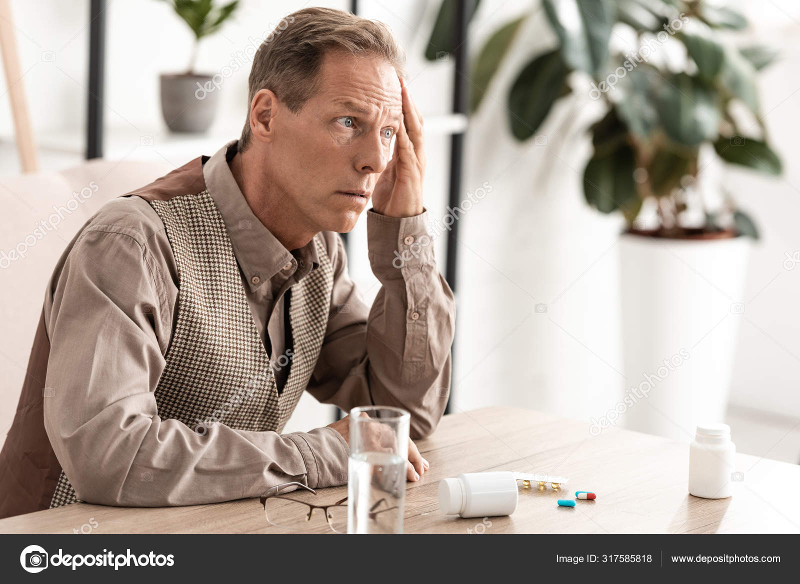 Sick Retired Man Memory Loss Sitting Pills Bottles Table Stock Photo by ...