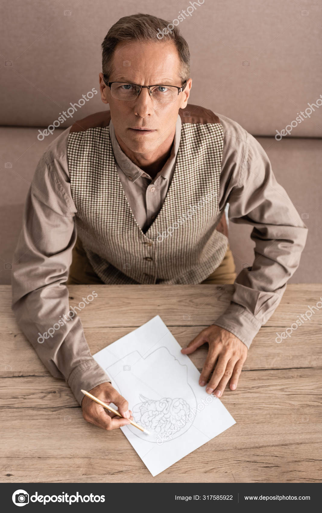 Top View Senior Man Glasses Holding Pencil While Drawing Picture ...