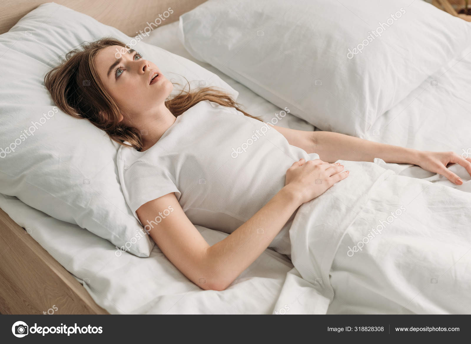 Sad Girl Looking While Lying Bed Suffering Abdominal Pain — Stock Photo ...