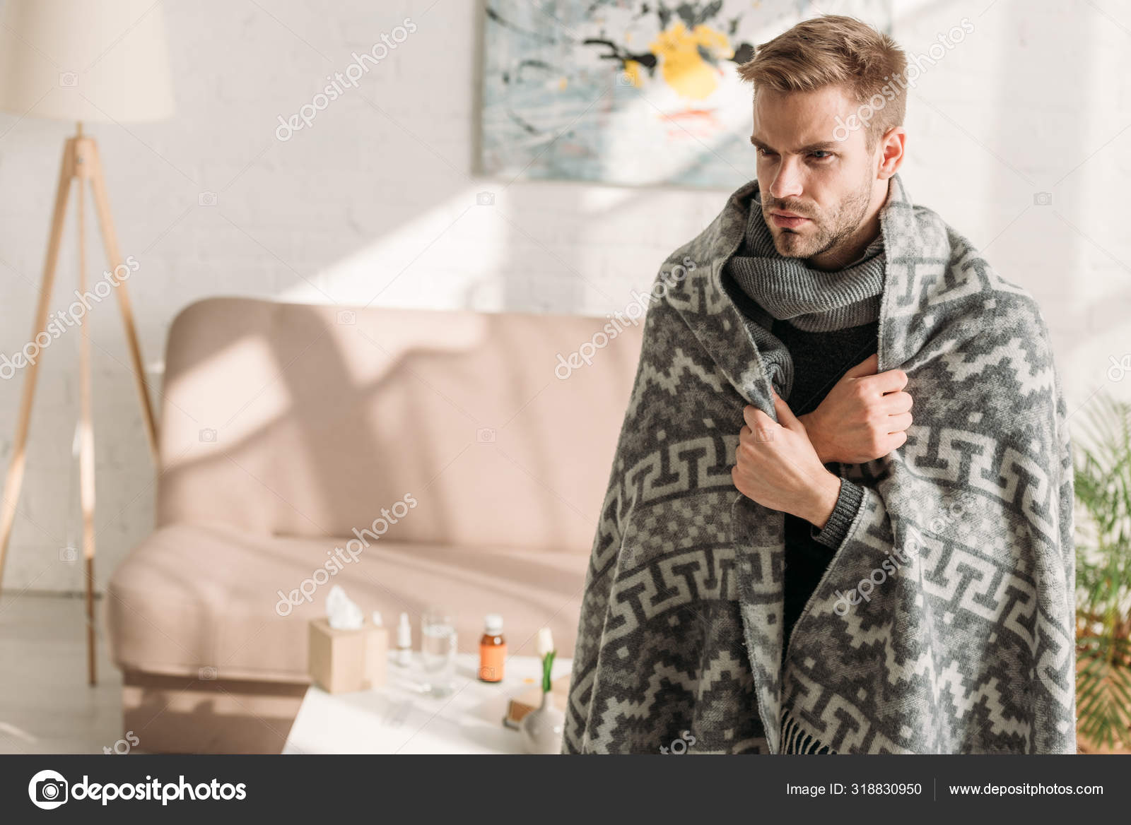 Sick Unhappy Man Wrapped Blanket Looking Away While Standing Room Stock ...