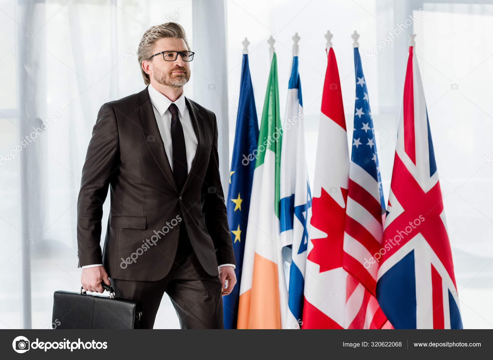 Handsome Bearded Diplomat Holding Briefcase Flags — Stock Photo ...
