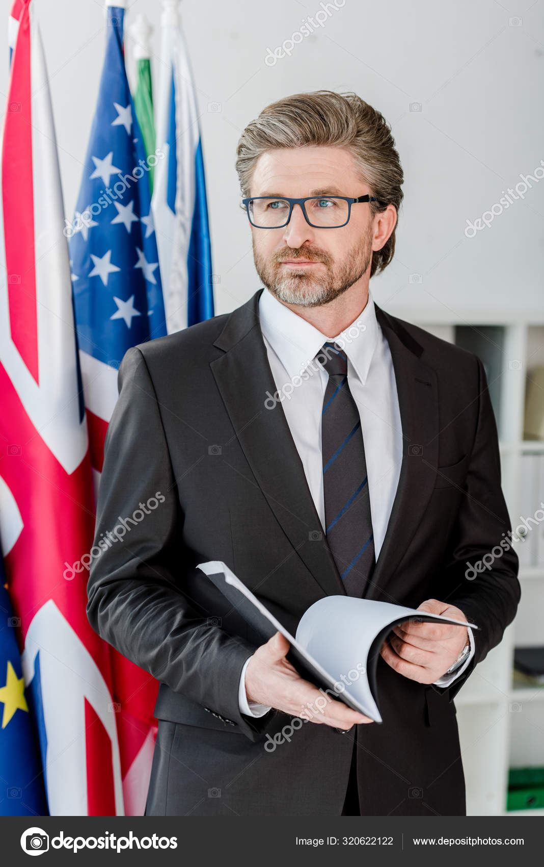 Handsome Diplomat Glasses Holding Folder American United Kingdom Flags ...