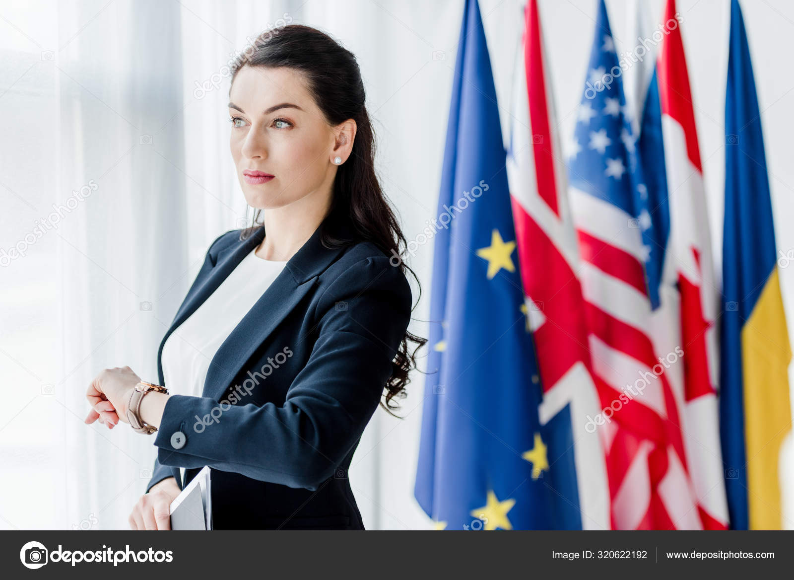 Attractive Diplomat Waiting Flags Embassy Stock Photo by ©AndrewLozovyi ...