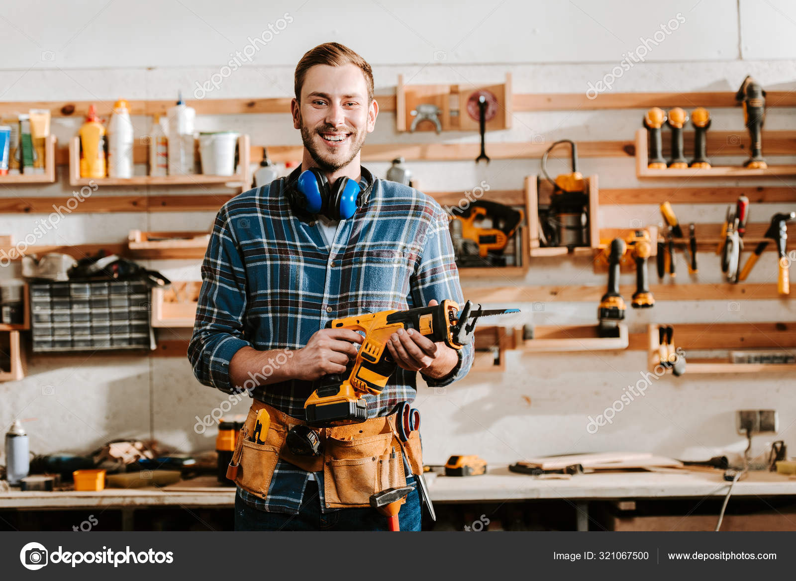 Happy Bearded Carpenter Holding Hammer Drill Workshop — Stock Photo ...