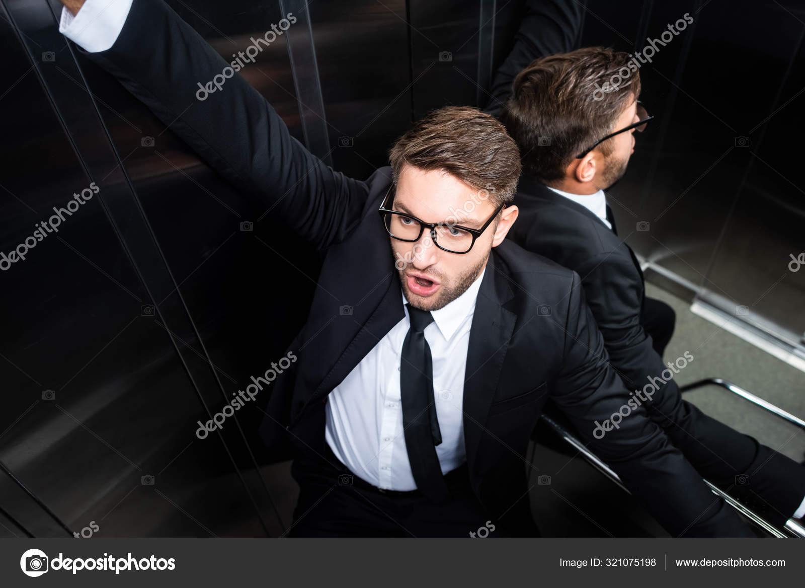 High Angle View Scared Businessman Suit Claustrophobia Elevator — Stock ...