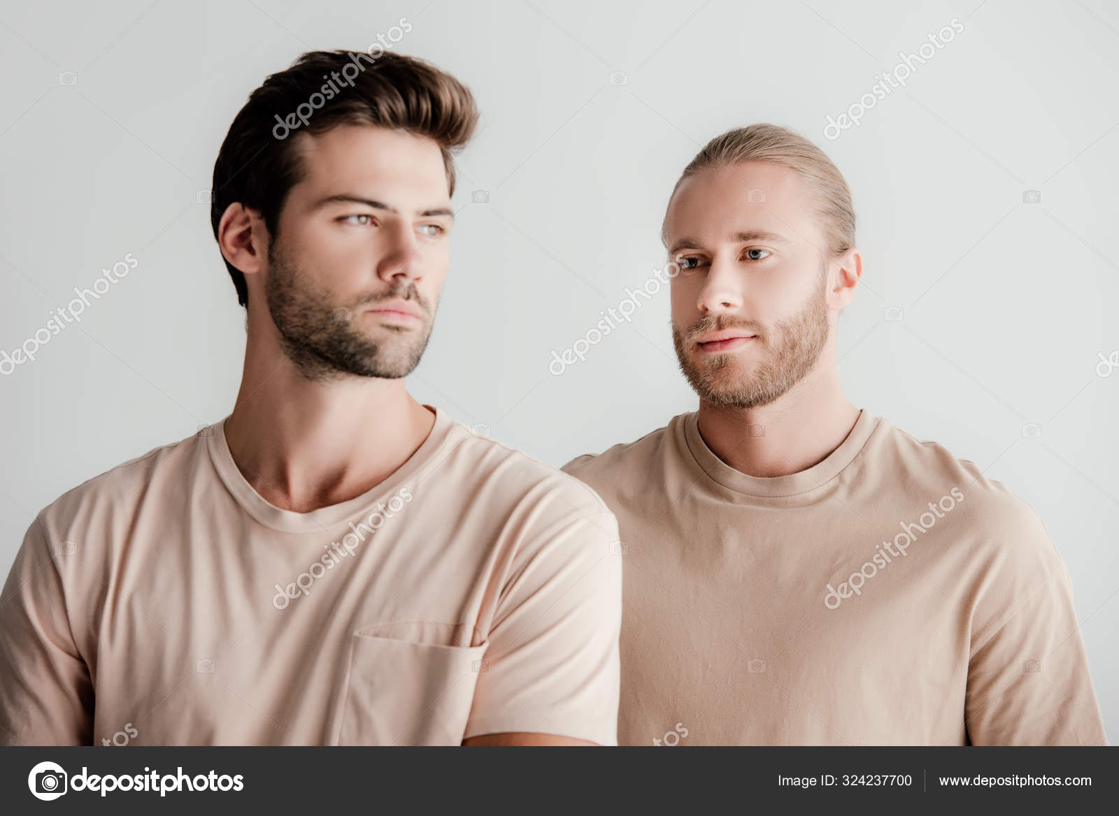 Young Handsome Men Beige Outfit Isolated White — Stock Photo ...