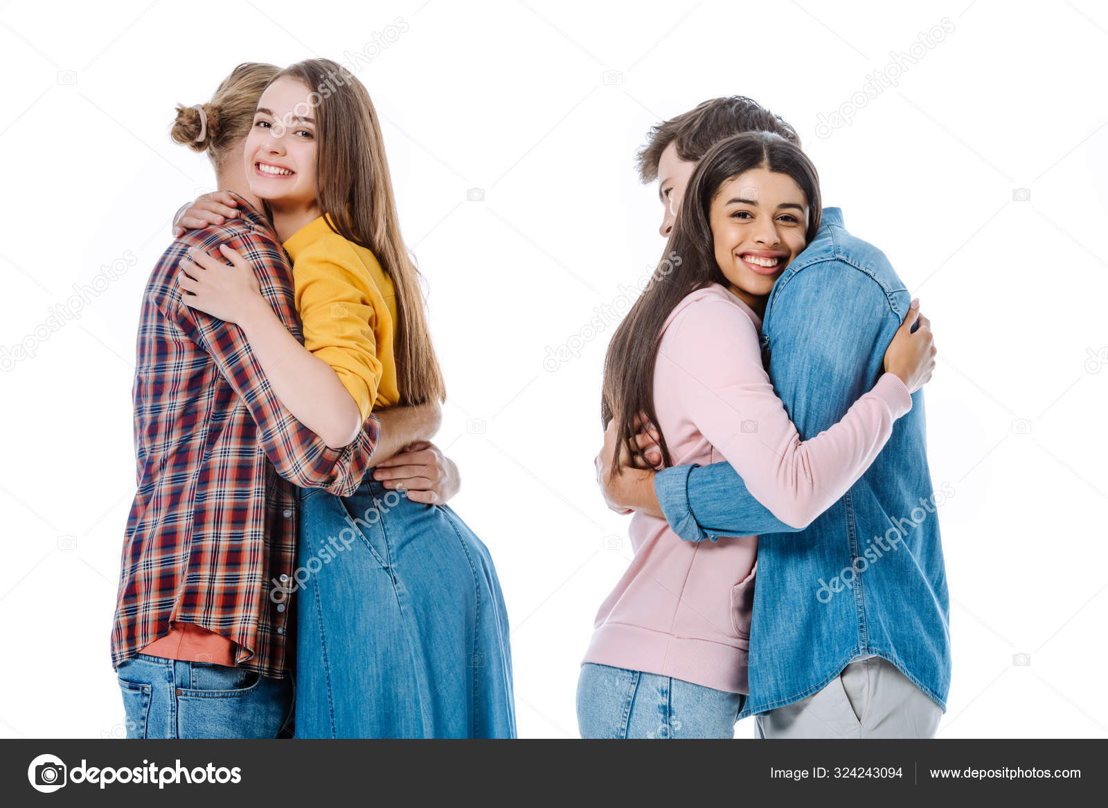 Happy Multicultural Couples Hugging Isolated White — Stock Photo ...