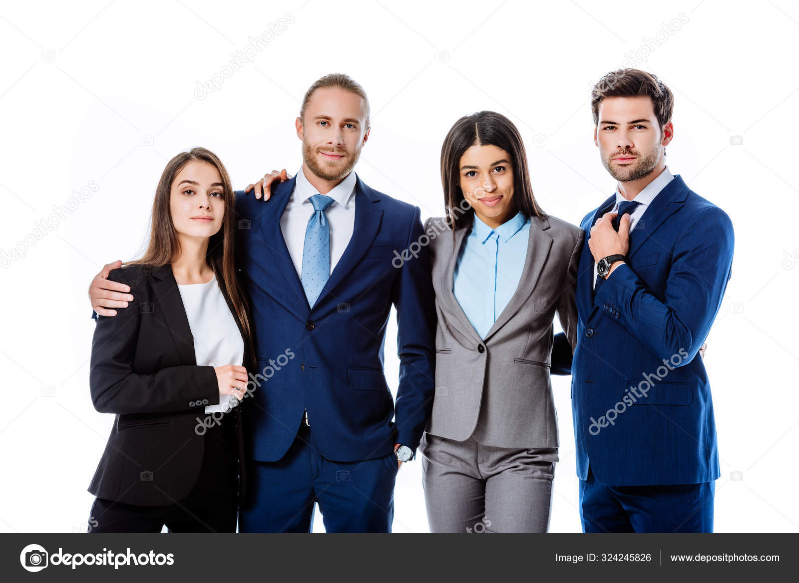 Smiling Multicultural Business People Suits Hugging Isolated White ...