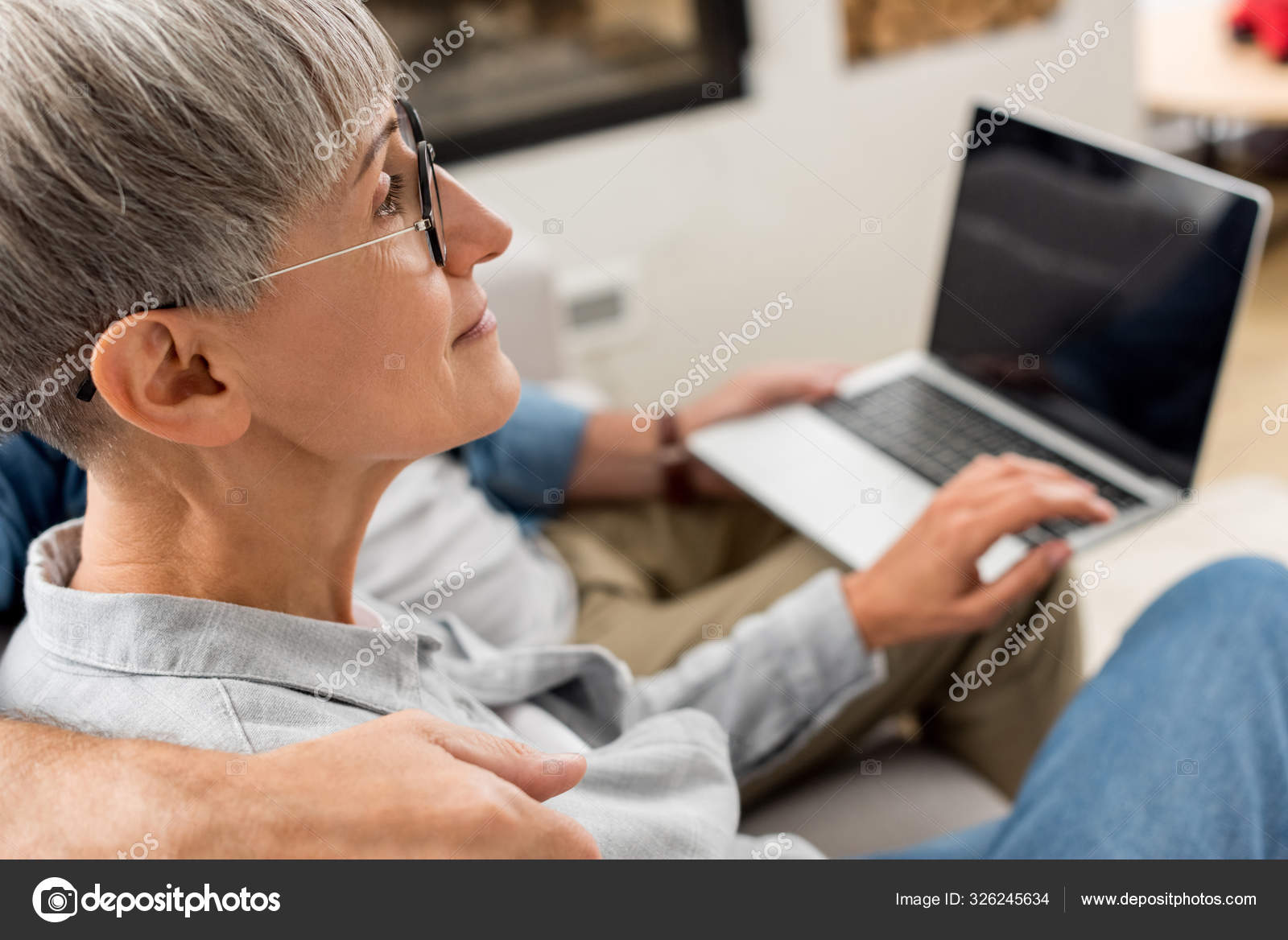 Cropped View Mature Man Woman Using Laptop New House Stock Photo by ...
