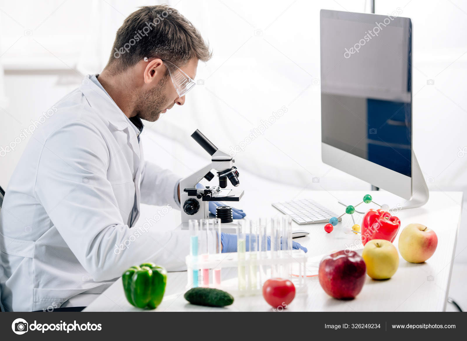 Side View Molecular Nutritionist Using Microscope Lab Stock Photo by ...