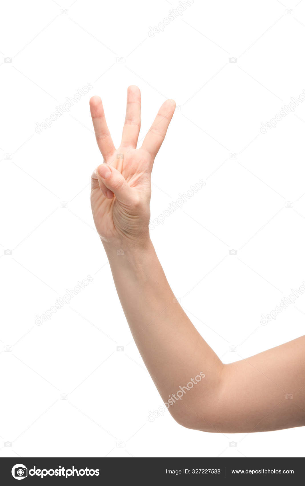 Cropped View Woman Showing Three Fingers Gesture Isolated White — Stock ...