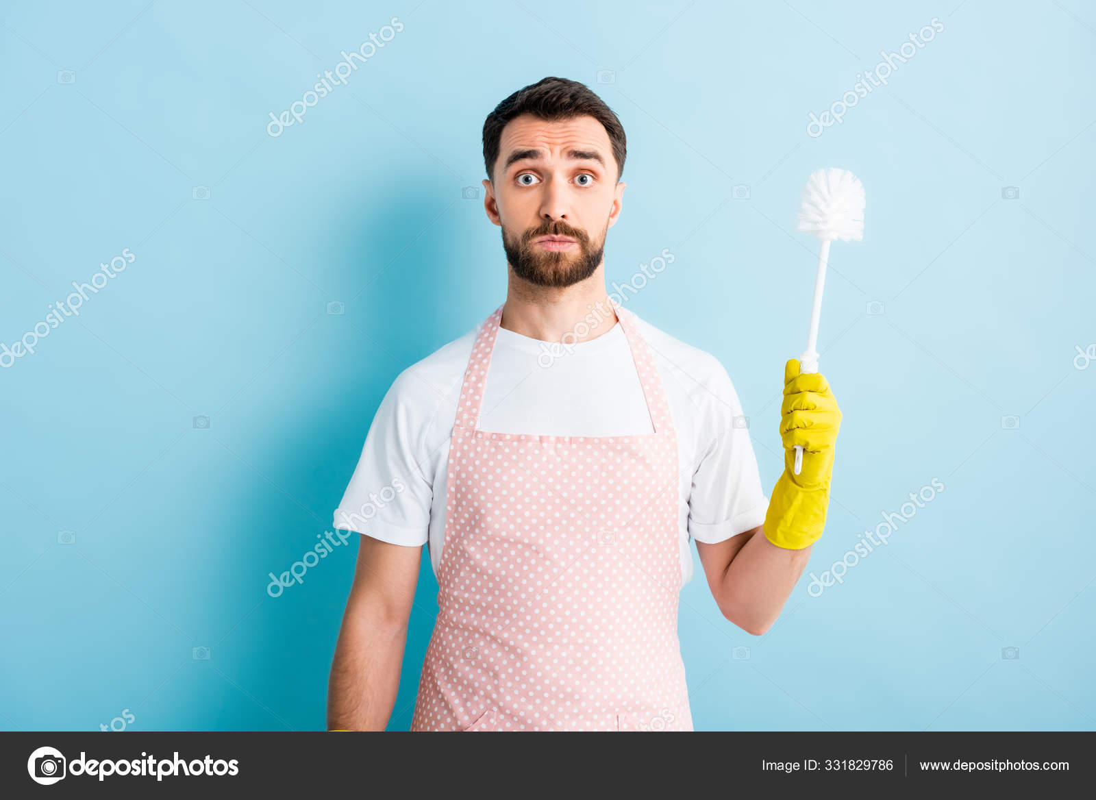Shocked Man Holding Toilet Brush Looking Camera Blue Stock Photo AndrewLozovyi 331829786