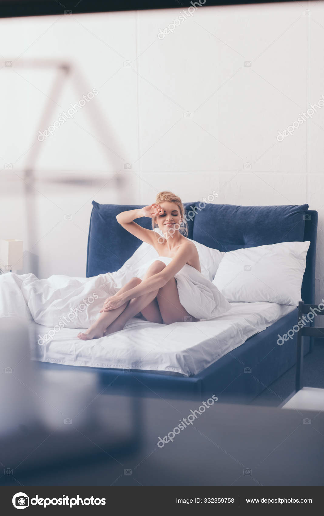 Selective Focus Beautiful Happy Woman Sheets Sitting Bed Morning ... Selective Focus Beautiful Happy Woman Sheets Sitting Bed Morning ...