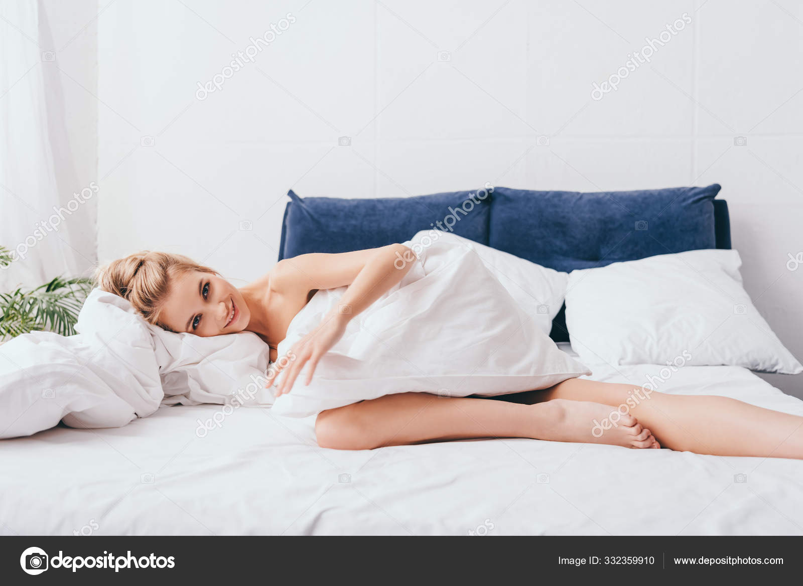 Smiling Woman Lying Sheets Bed Morning — Stock Photo © AndrewLozovyi ...