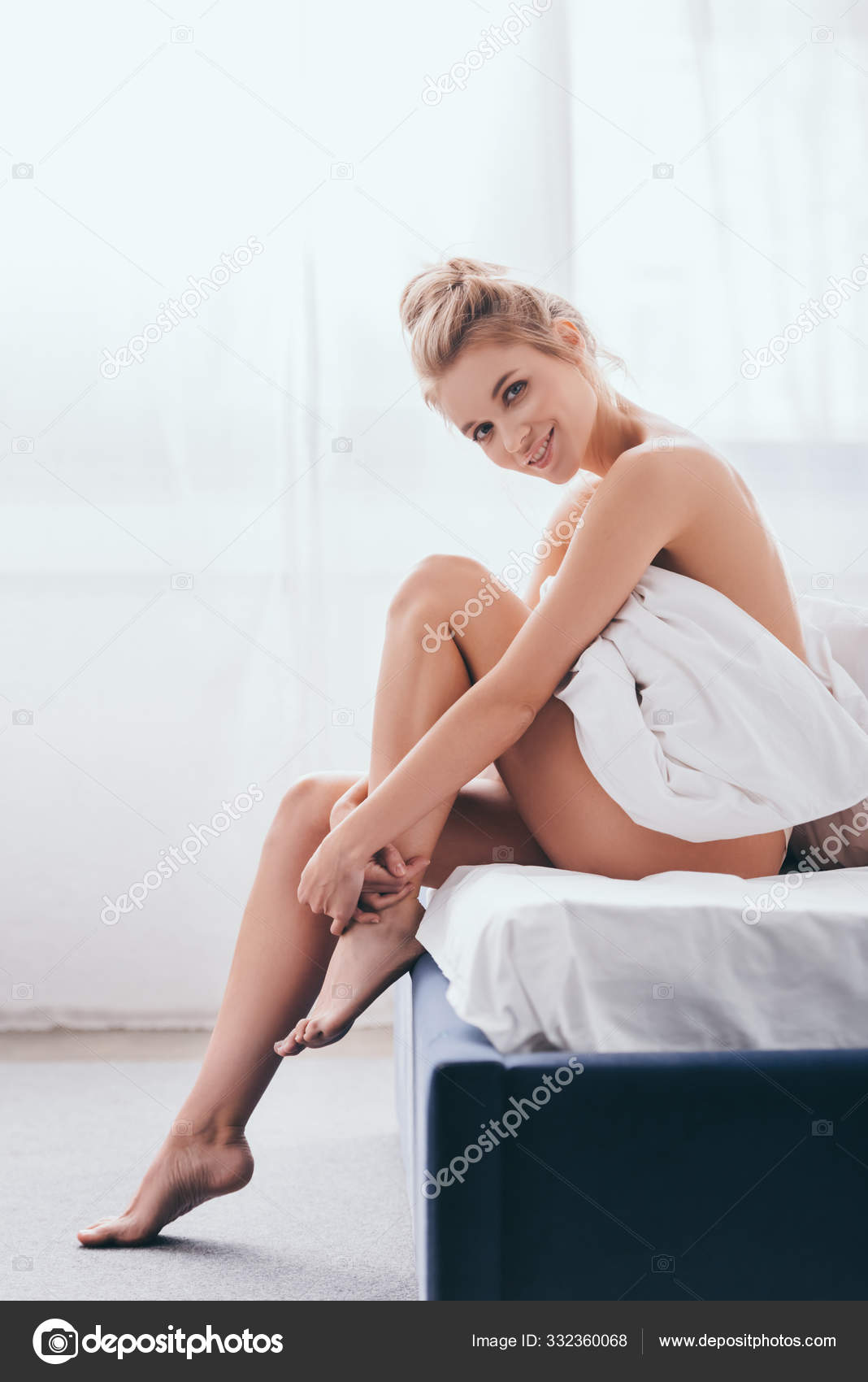 Beautiful Smiling Woman Sheets Sitting Bedroom Stock Photo by ... Beautiful Smiling Woman Sheets Sitting Bedroom Stock Photo by ...