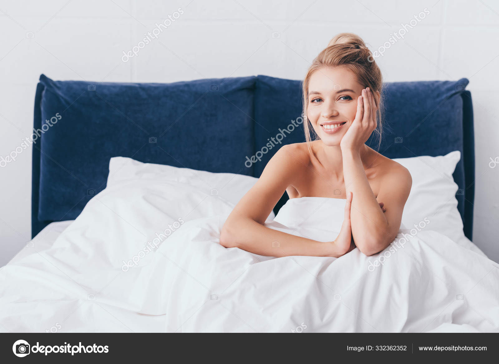 Beautiful Positive Woman Sitting Bed Morning Stock Photo by ... Beautiful Positive Woman Sitting Bed Morning Stock Photo by ...