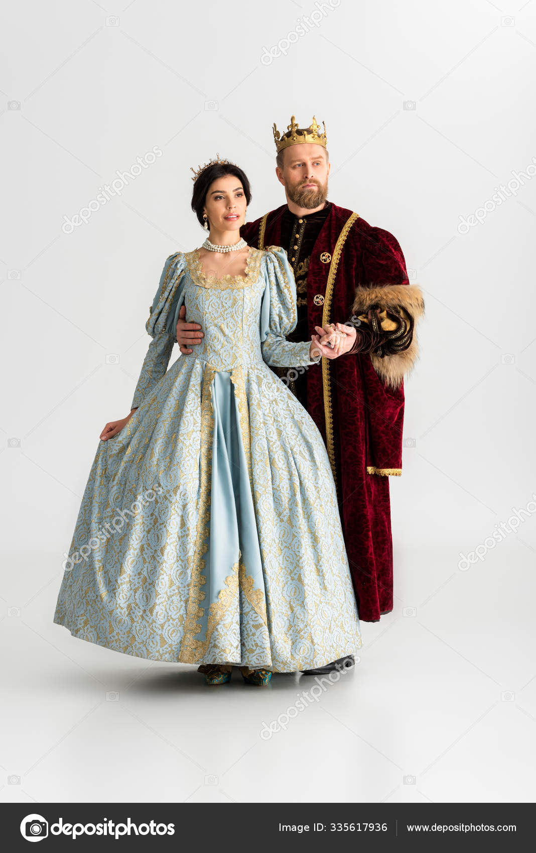 Handsome King Hugging Queen Crown Grey Background Stock Photo by ...