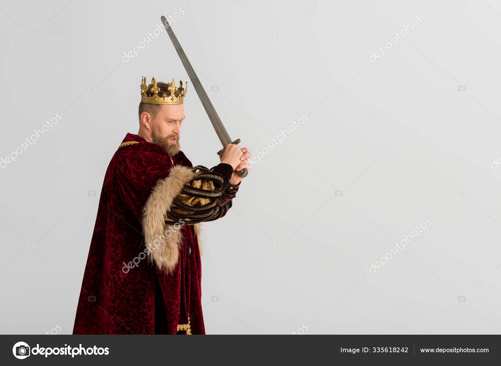 King Crown Holding Sword Fighting Isolated Grey Stock Photo by ...