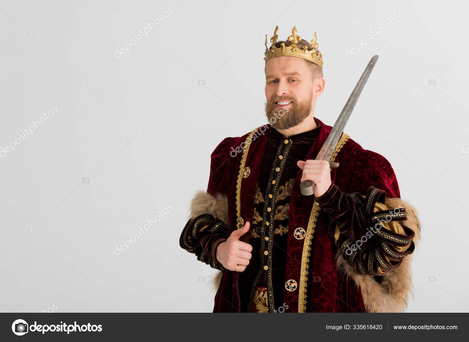 Smiling King Crown Holding Sword Showing Isolated Grey — Stock Photo ...