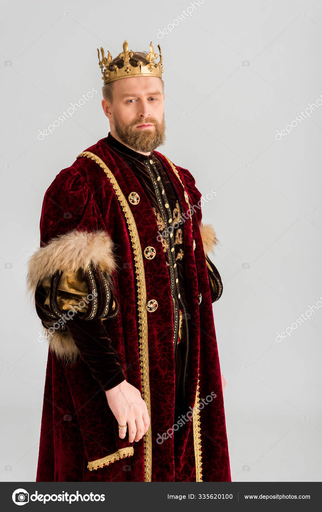 Handsome King Crown Looking Camera Isolated Grey — Stock Photo ...