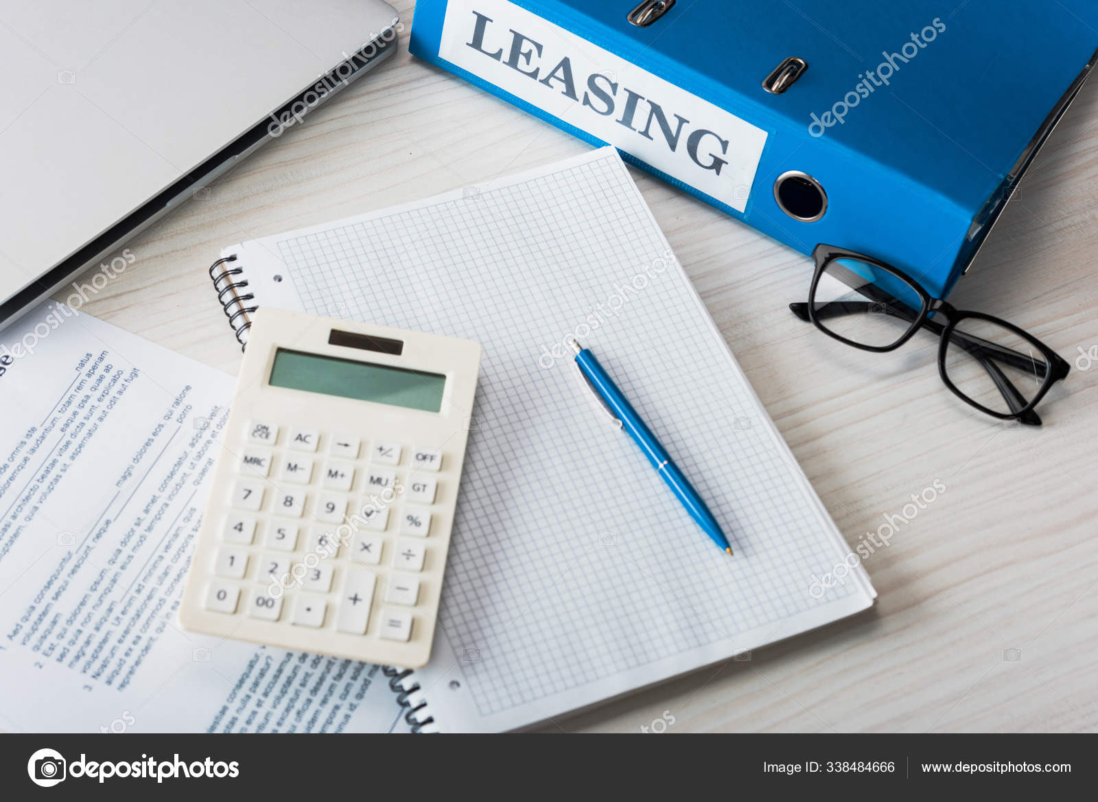 Top View Folder Leasing Lettering Pen Calculator Glasses Notebook Desk ...
