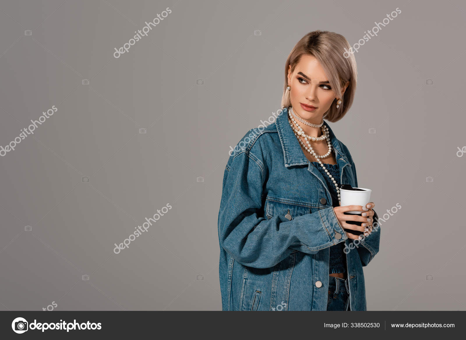 Attractive Woman Denim Jacket Holding Insulated Mug Isolated Grey Stock ...