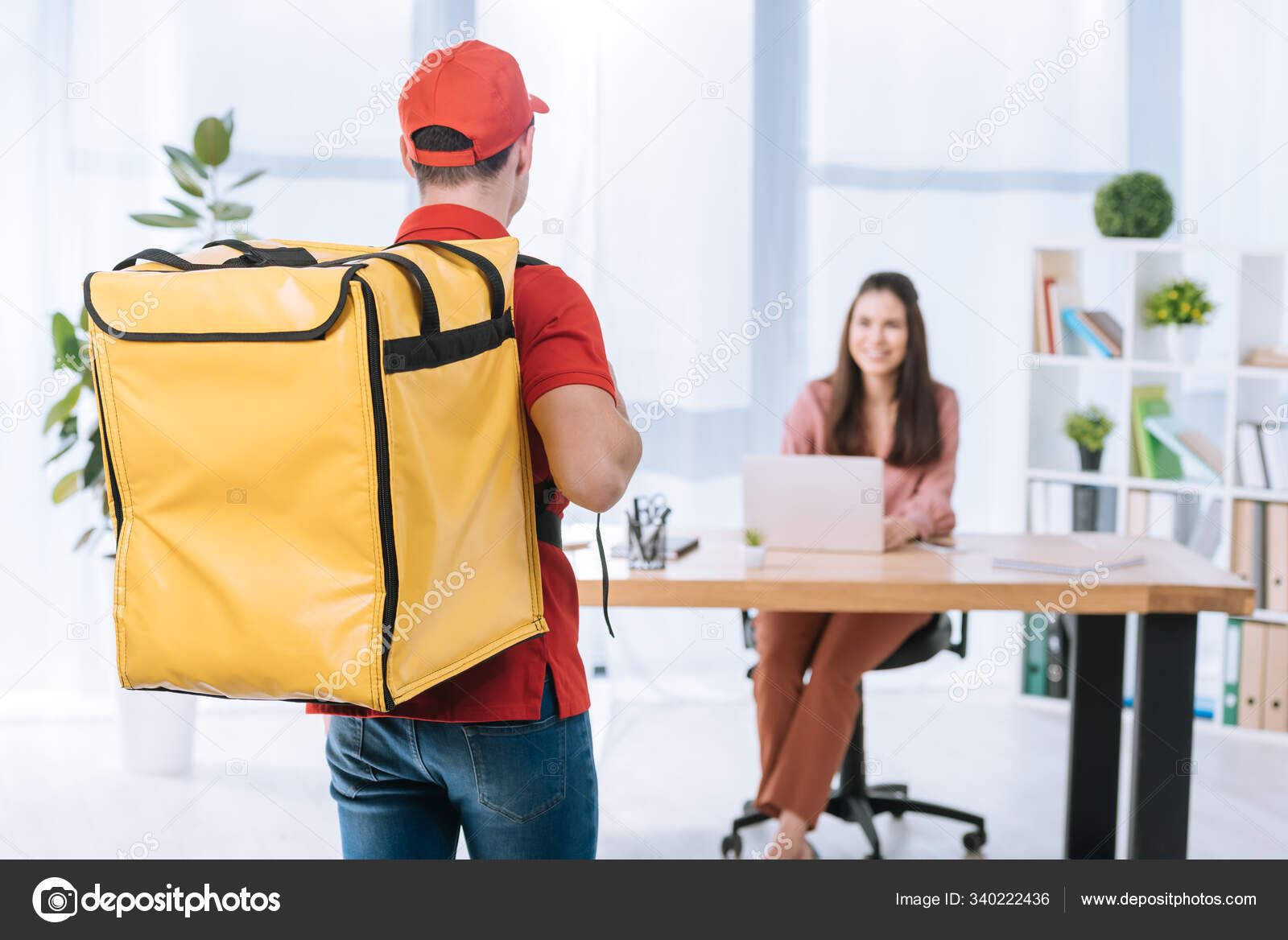 Back View Delivery Man Thermo Backpack Smiling Businesswoman Table ...