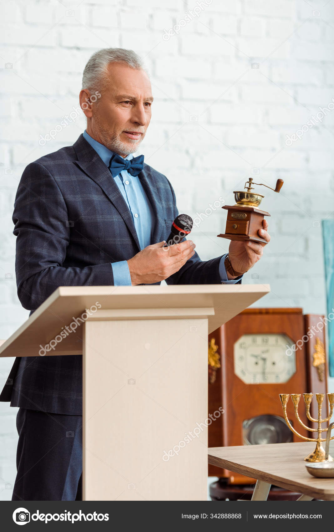 Handsome Auctioneer Suit Pointing Hand Coffee Grinder Holding ...