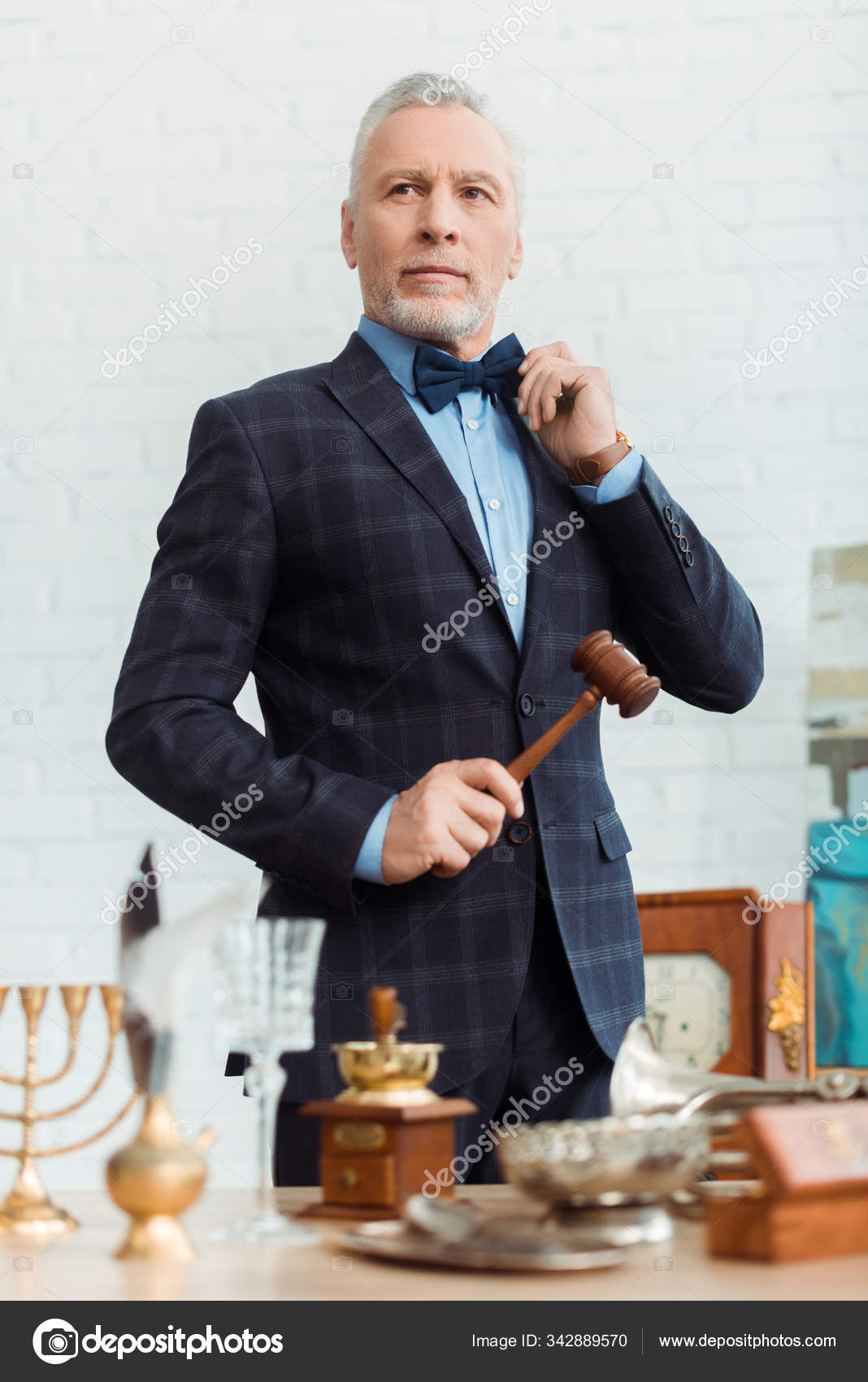 Selective Focus Handsome Auctioneer Suit Holding Gavel Auction — Stock ...