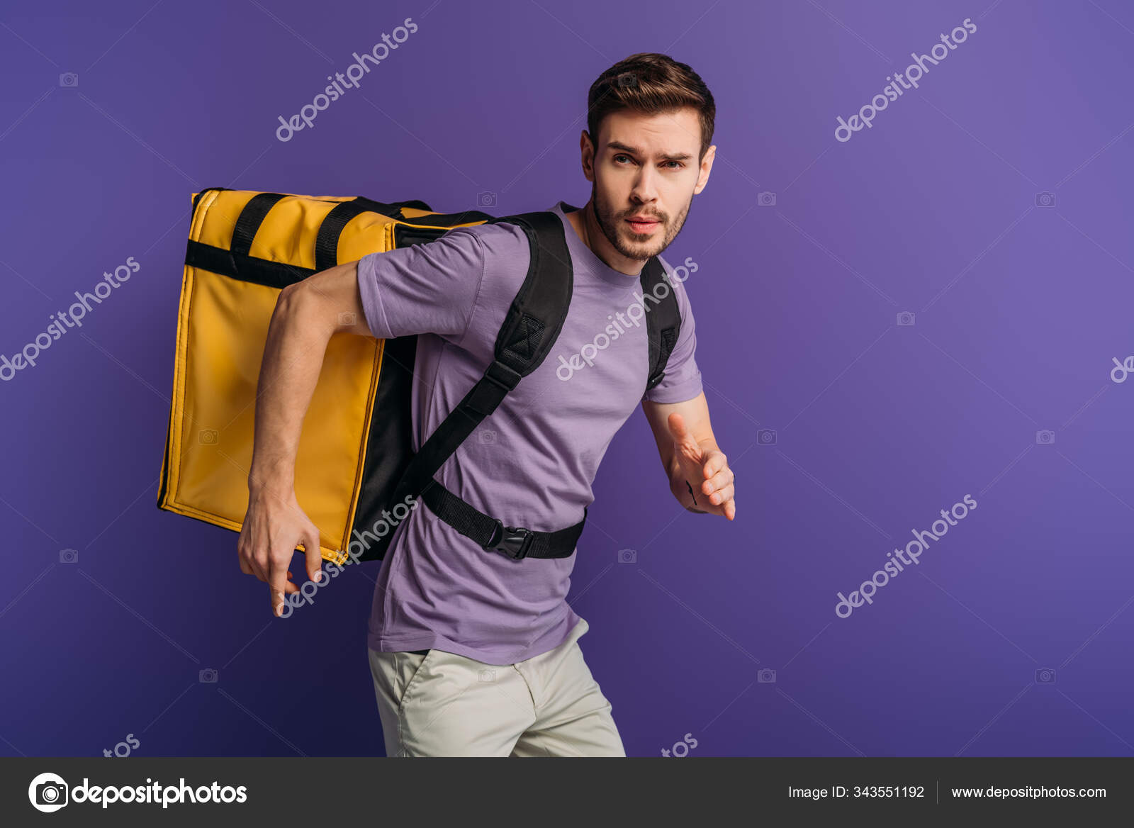 Concentrated Delivery Man Running Hurry While Carrying Thermo Backpack ...