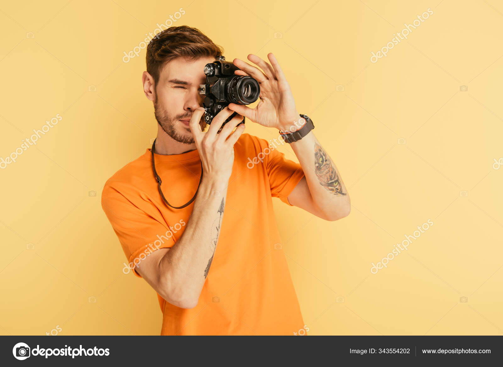 Attentive Handsome Photographer Taking Picture Digital Camera Isolated ...