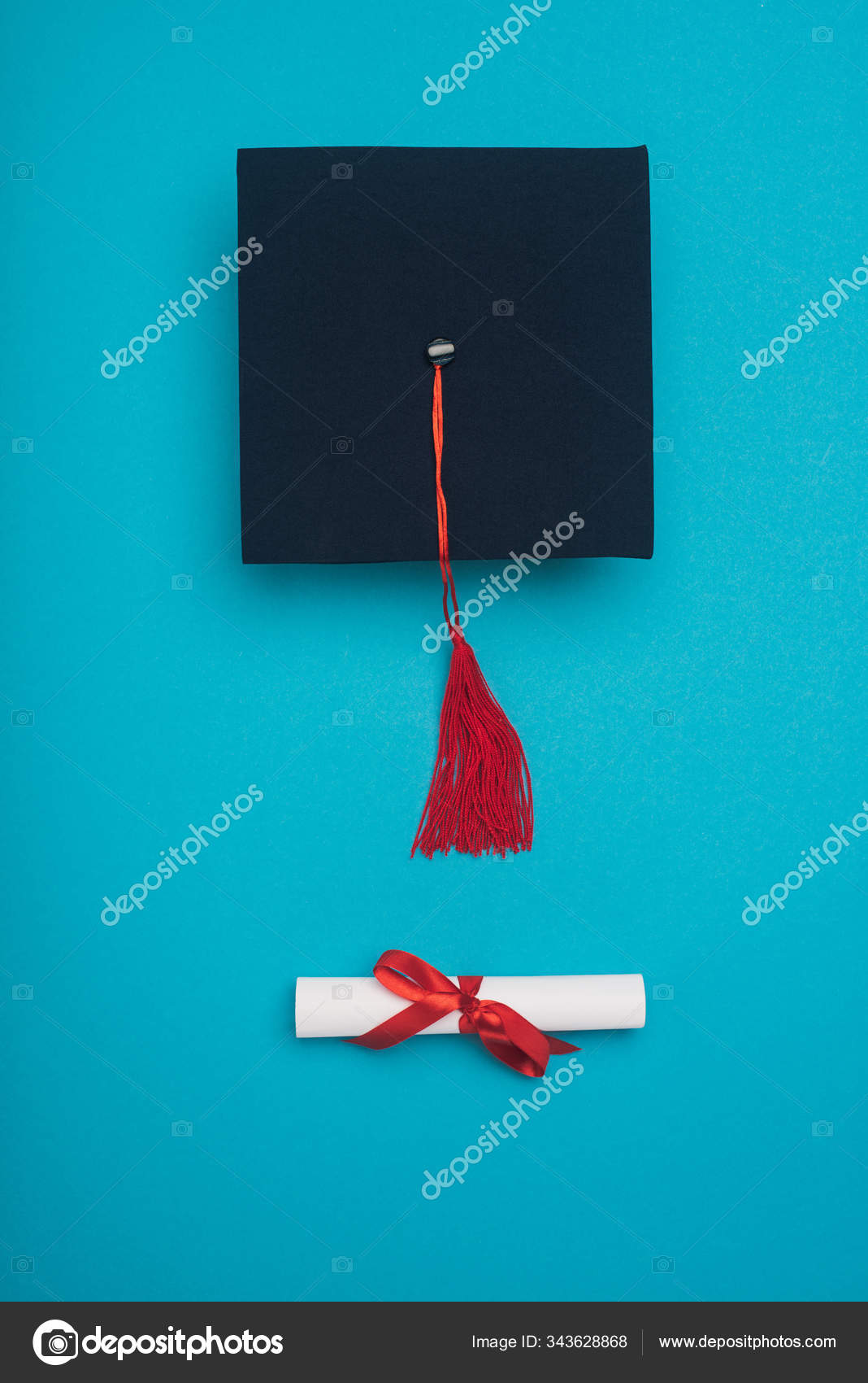 Top View Graduation Cap Red Tassel Diploma Blue Background — Stock ...