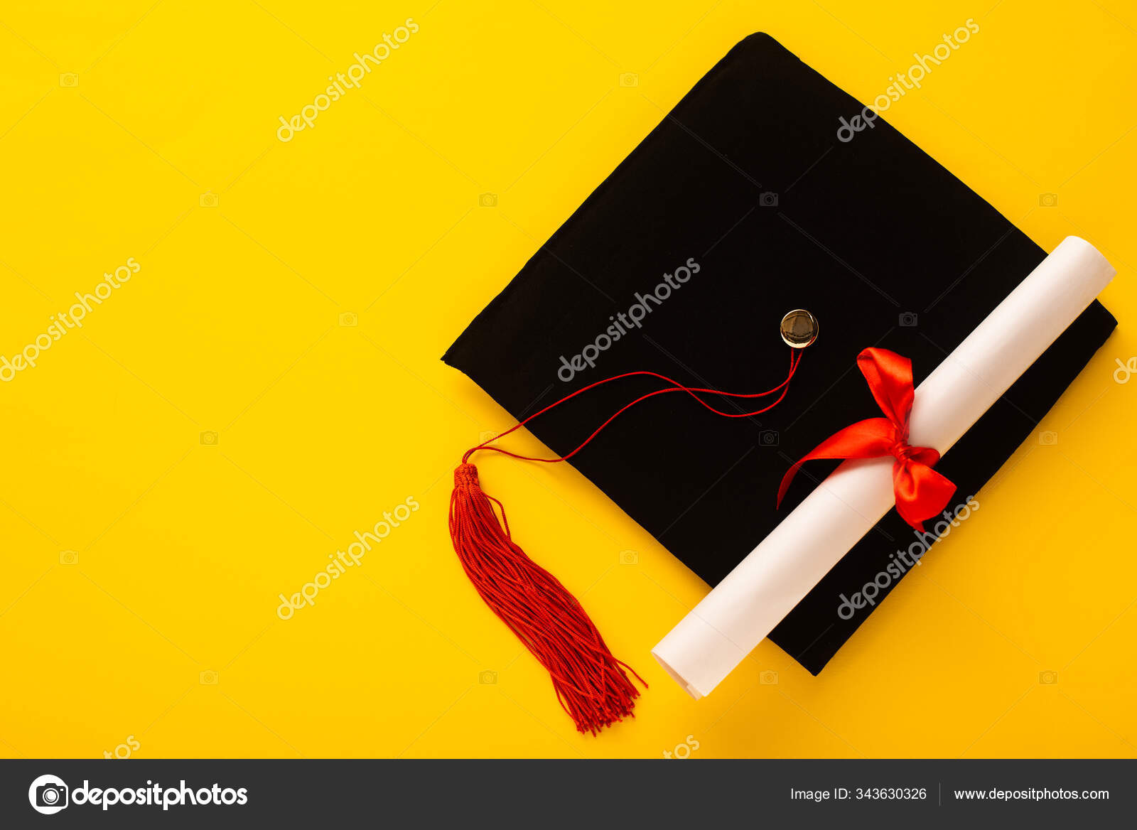 Top View Black Graduation Cap Red Tassel Diploma Top Yellow Stock Photo ...