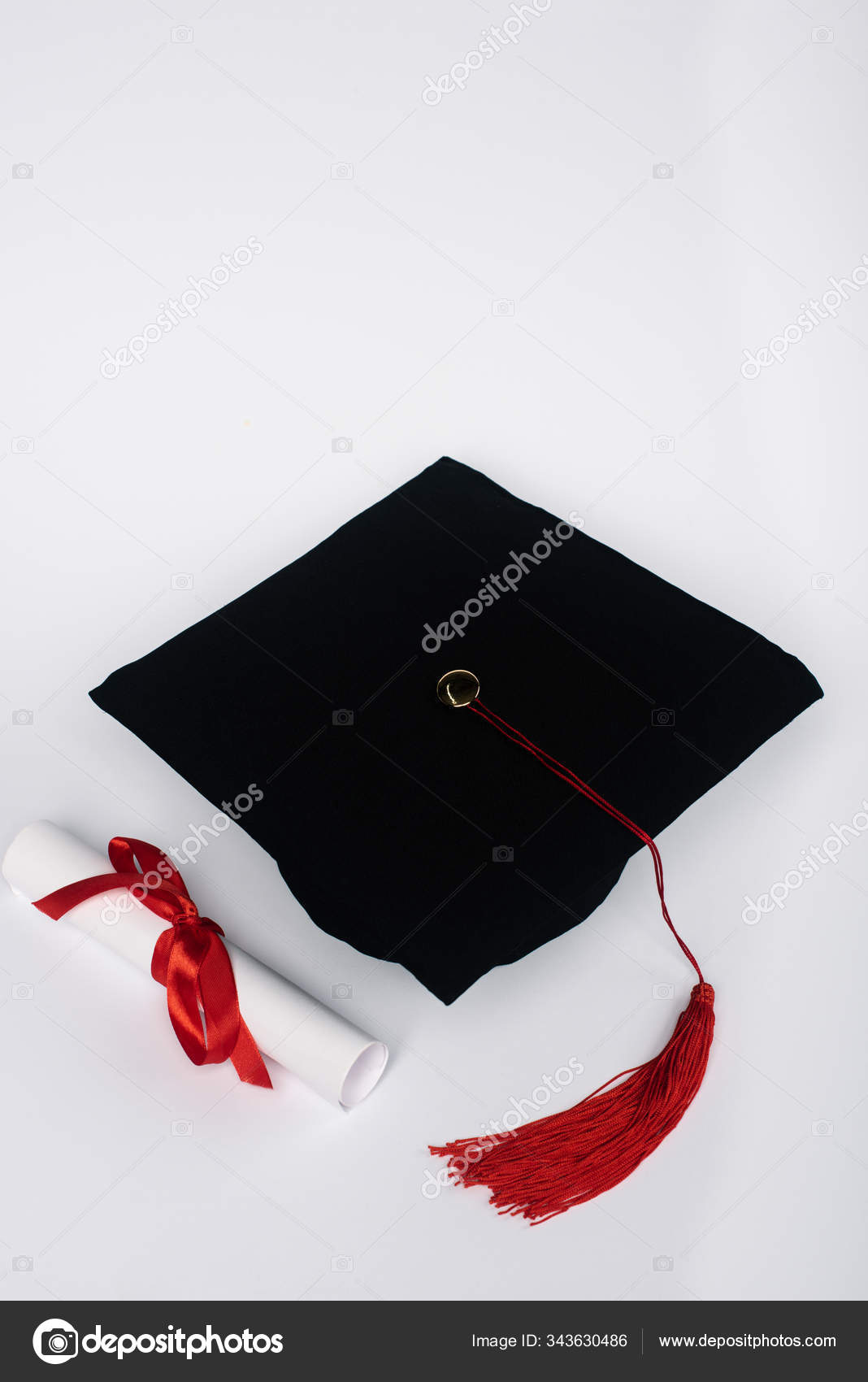 Black Graduation Cap Red Tassel Diploma White Background — Stock Photo ...