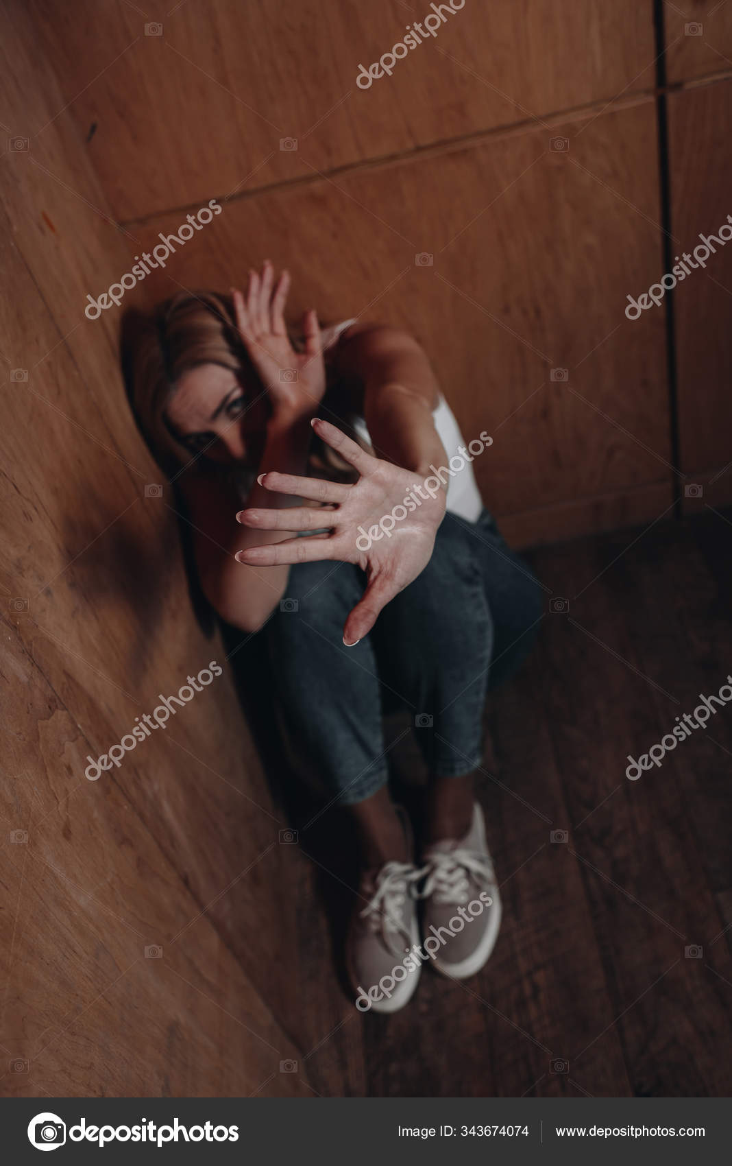 Selective Focus Woman Obscure Face Showing Stop Sitting Corner — Stock ...