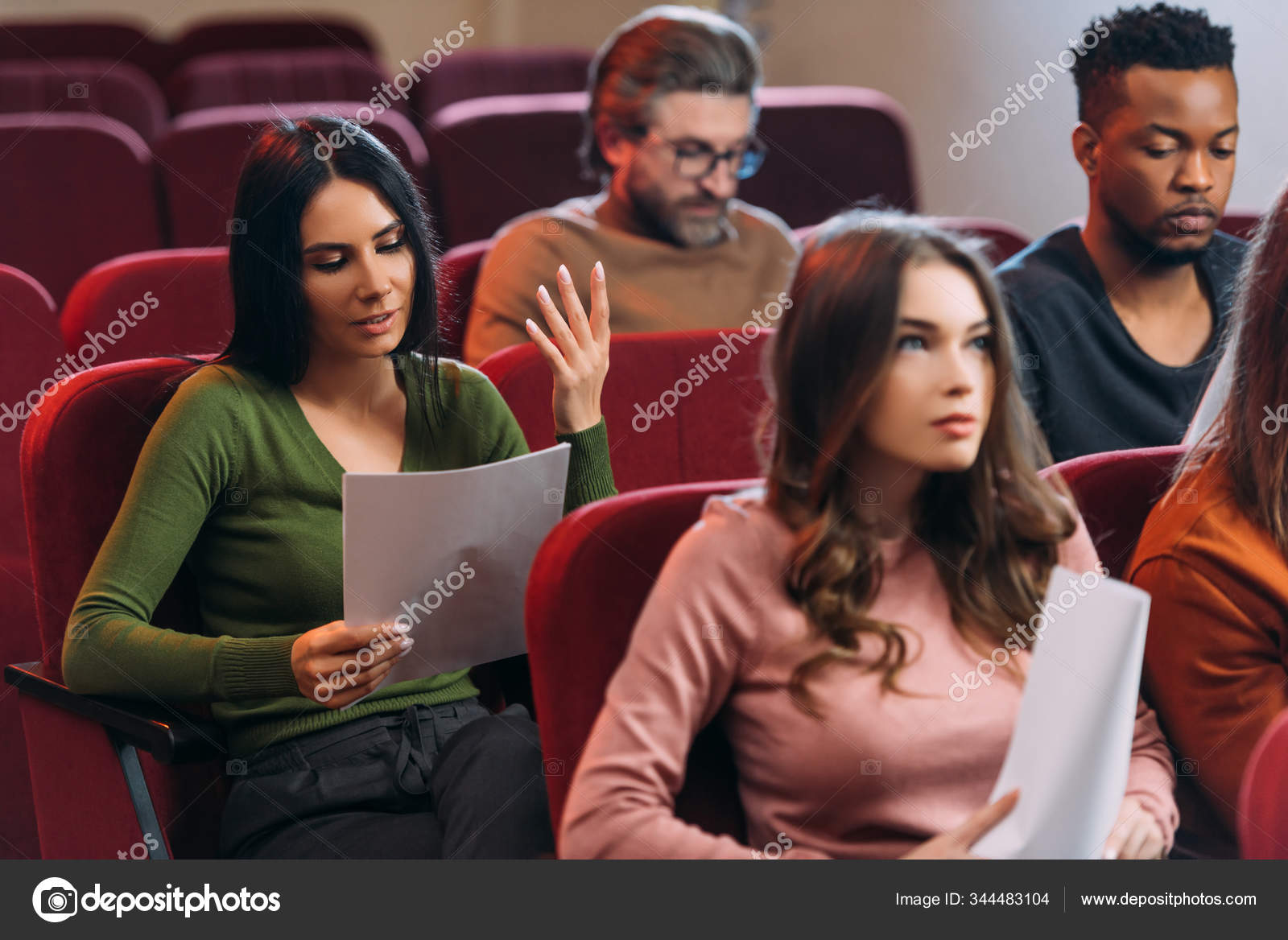 Multiethnic Actors Actresses Reading Scripts Seats Theatre Stock Photo ...