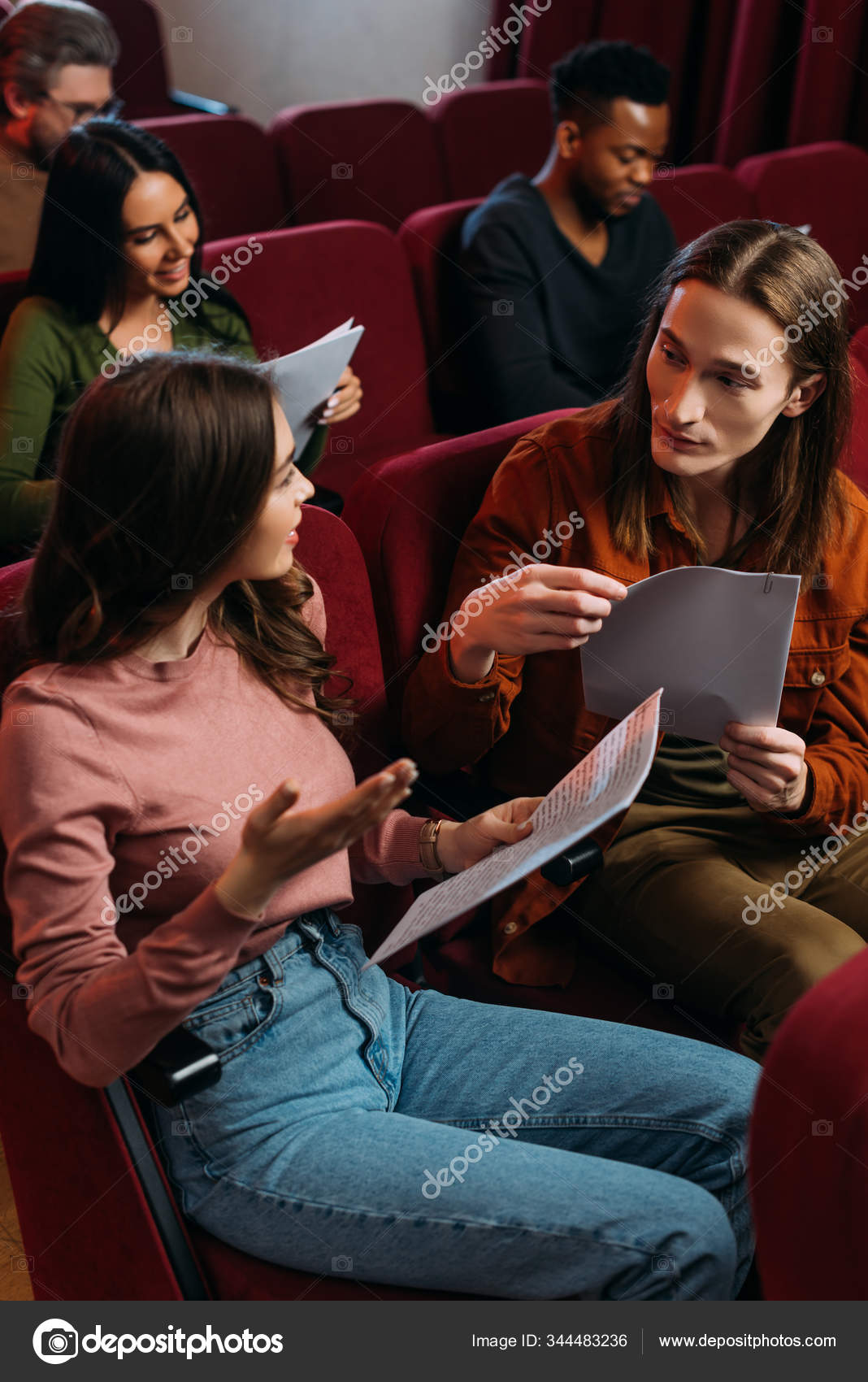 Young Multicultural Actors Actresses Reading Scripts Seats Theatre ...