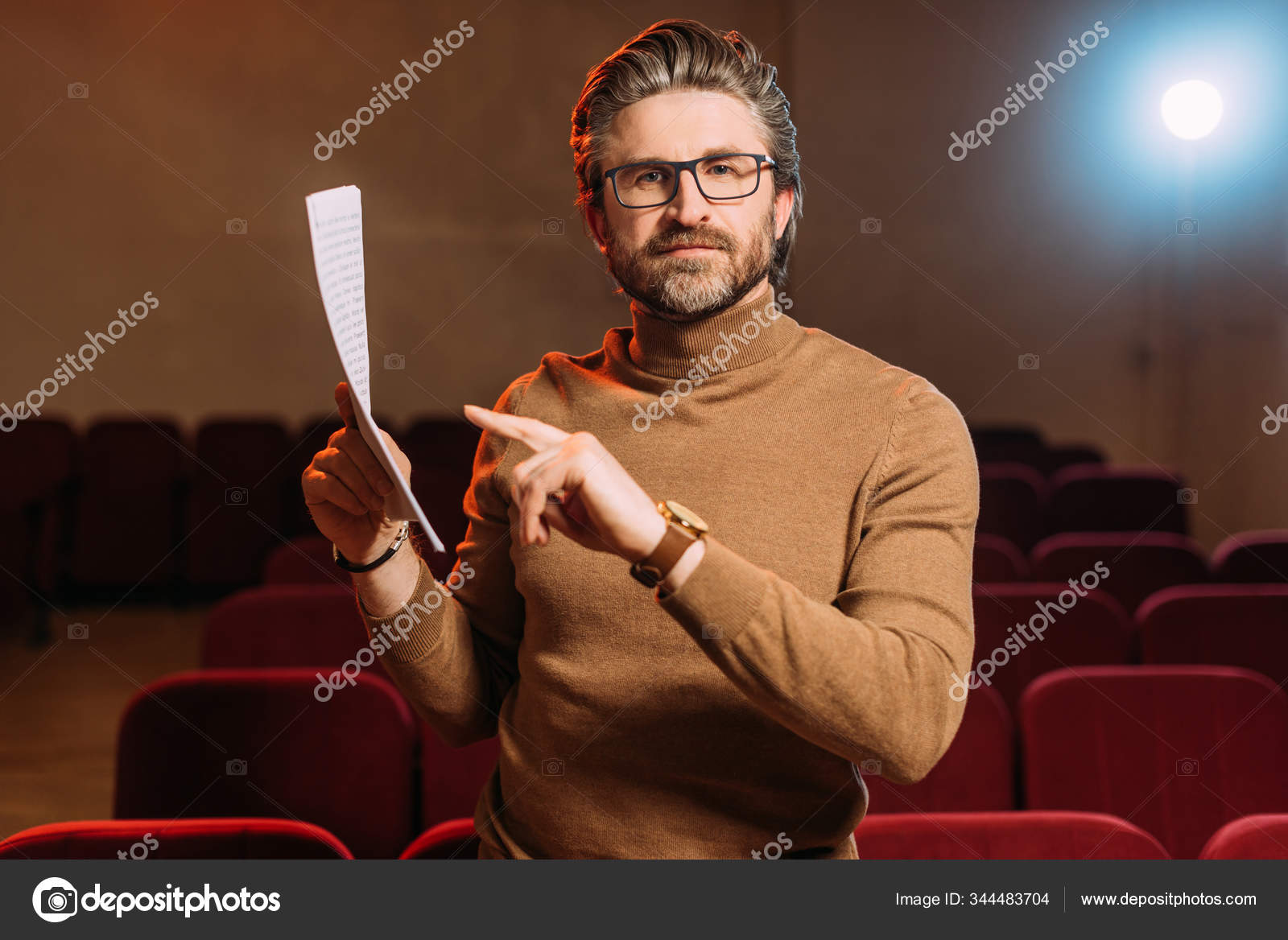 Emotional Mature Stage Director Pointing Scenario Theater — Stock Photo ...