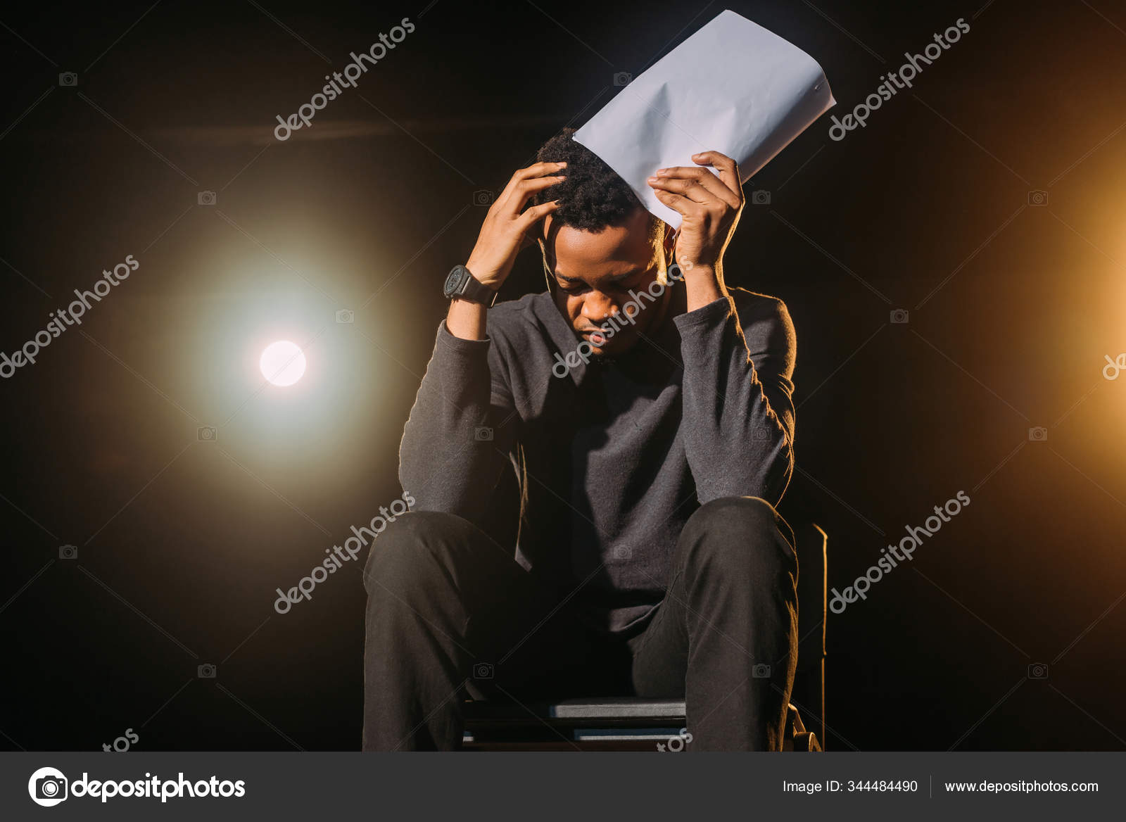 Stressed African American Actor Holding Scenario Stage Rehearse — Stock ...