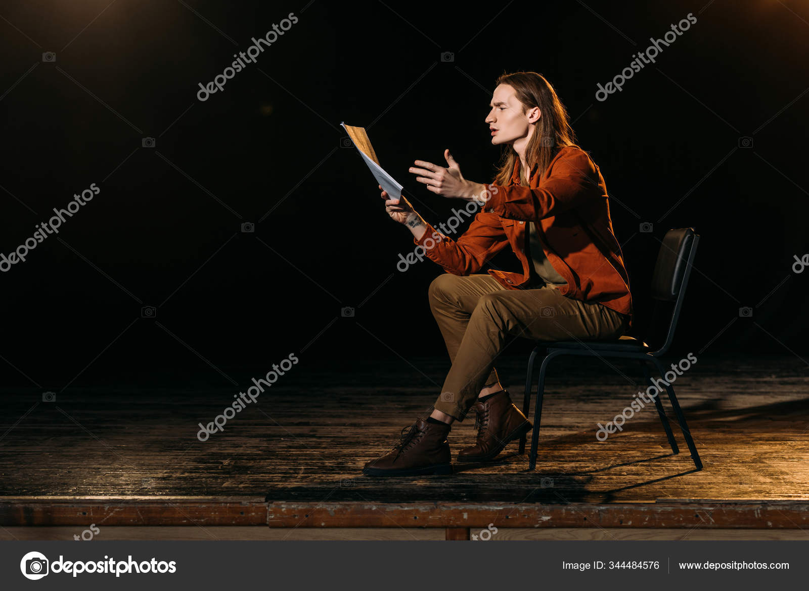 Handsome Actor Scenario Playing Stage Rehearse Theatre — Stock Photo ...