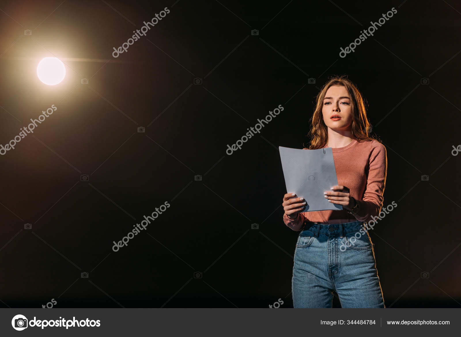 Beautiful Young Actress Reading Scenario Black Stock Photo by ...