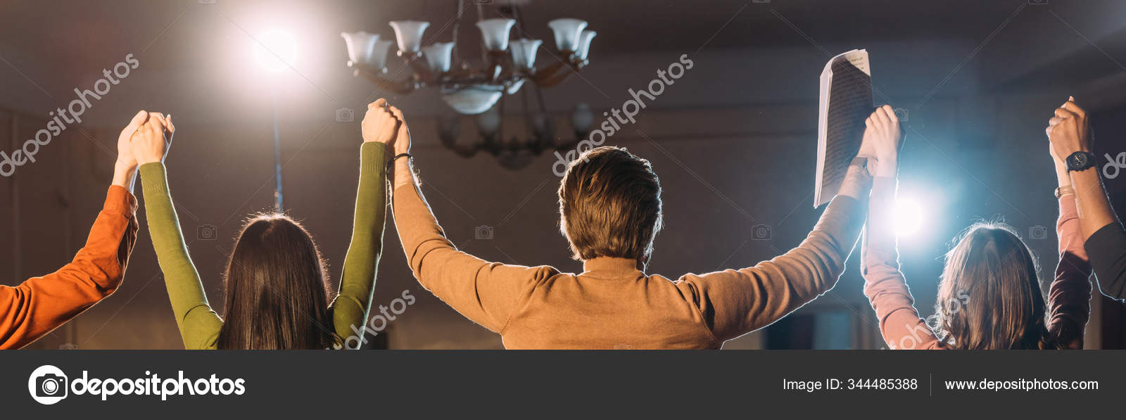 Panoramic Shot Actors Actresses Hands Dramatic Lighting — Stock Photo ...