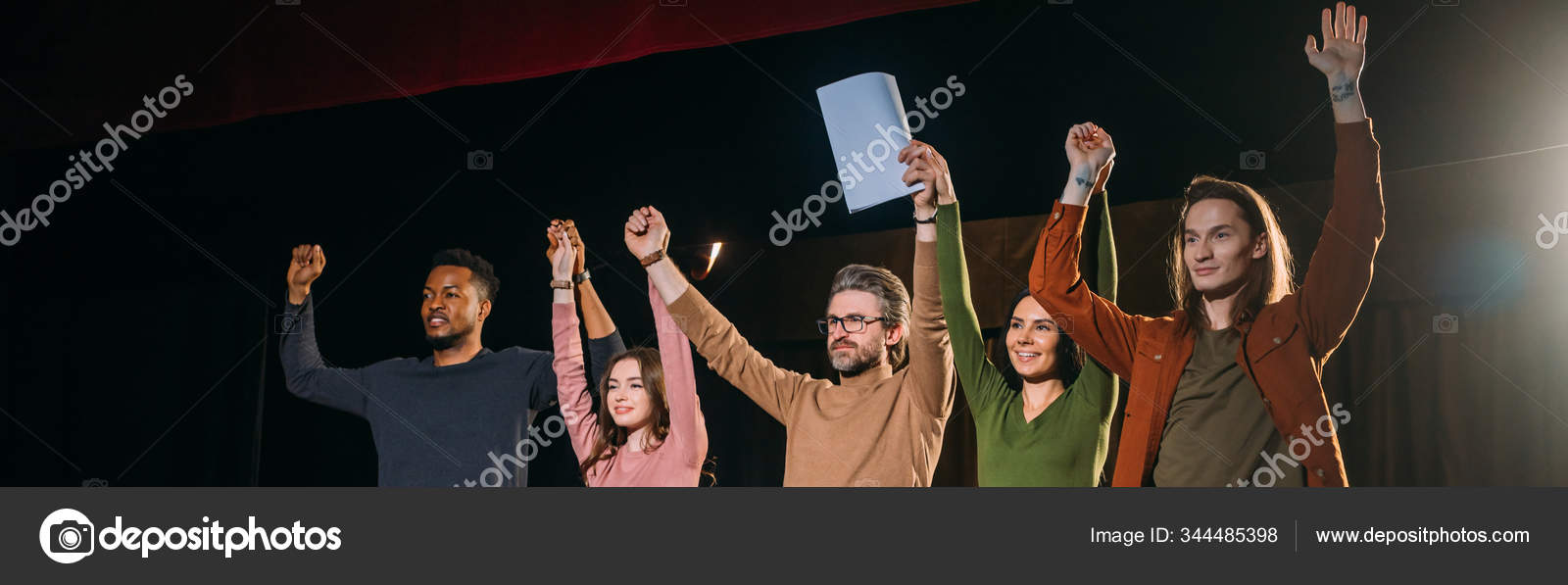 Panoramic Shot Happy Actors Actresses Hands Stage — Stock Photo ...