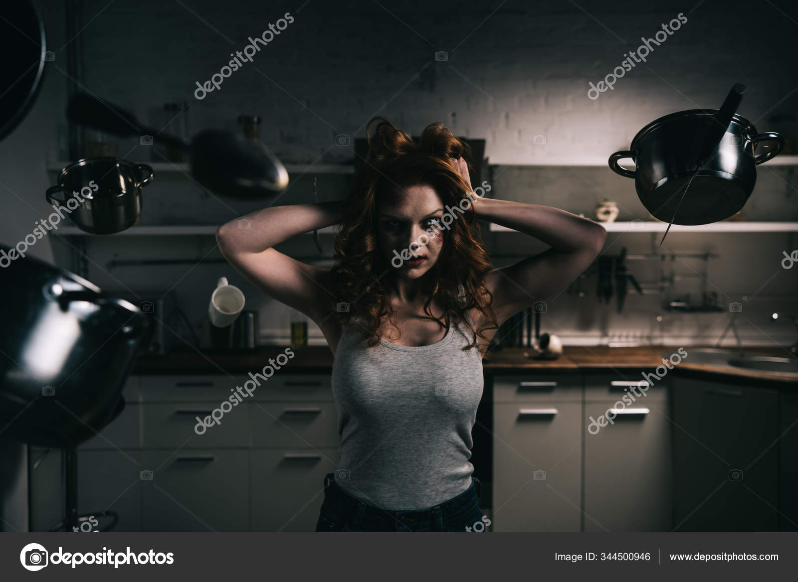 Demonic Woman Levitating Kitchenware Kitchen — Stock Photo ...