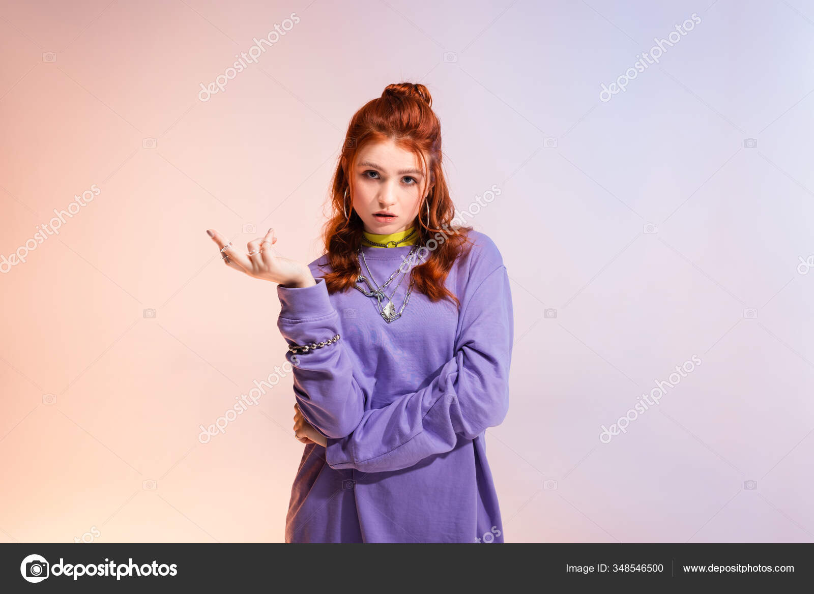Beautiful Confused Redhead Teen Girl Purple Beige — Stock Photo ...